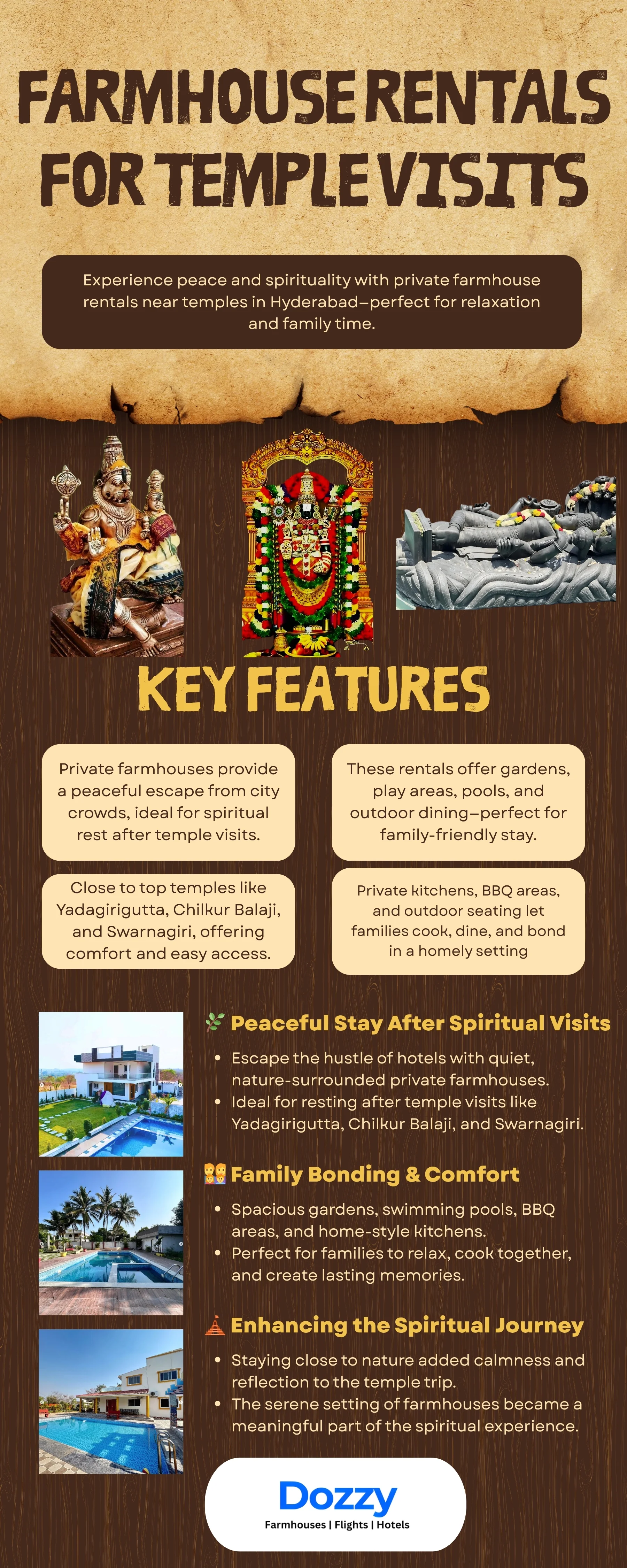 Private farmhouse rentals for temple visits in Hyderabad